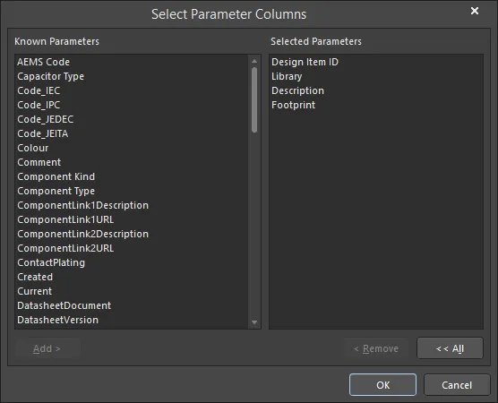 Select Parameter Columns | Altium Designer 18.0 Technical Documentation